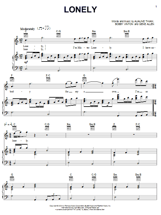 Lonely (Akon) | Sheet Music: Piano, Vocal & Guitar Chords Right-Hand ...