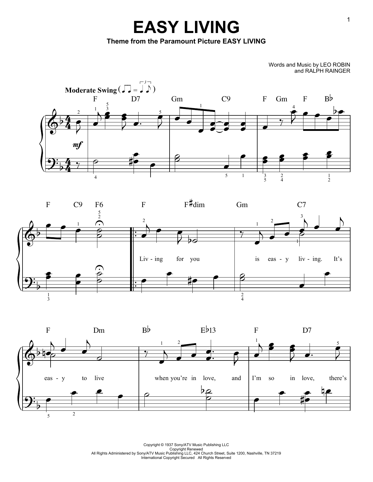 Easy Living (Billie Holiday) | Sheet Music: Easy Piano | PDF Download