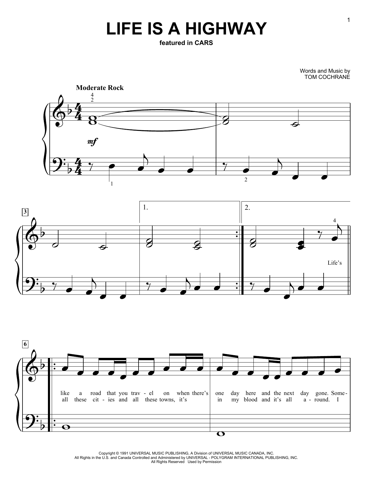 Life Is A Highway (from Cars) (Rascal Flatts) | Sheet Music: Big Note ...