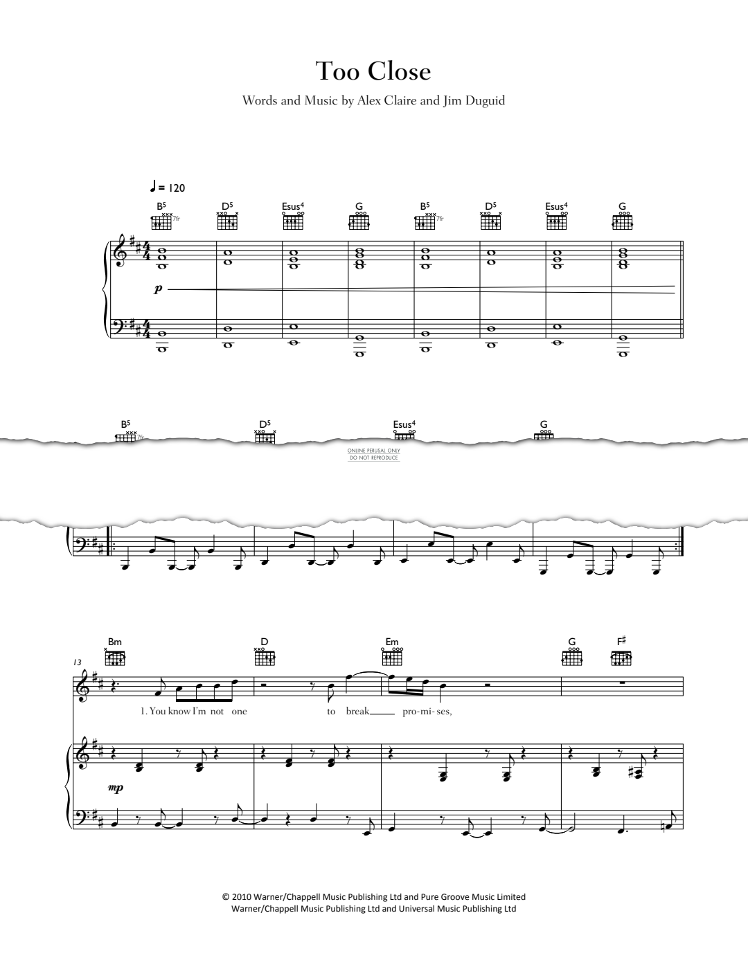 Too Close (Alex Clare) | Sheet Music: Guitar, Piano, Voice | PDF Download