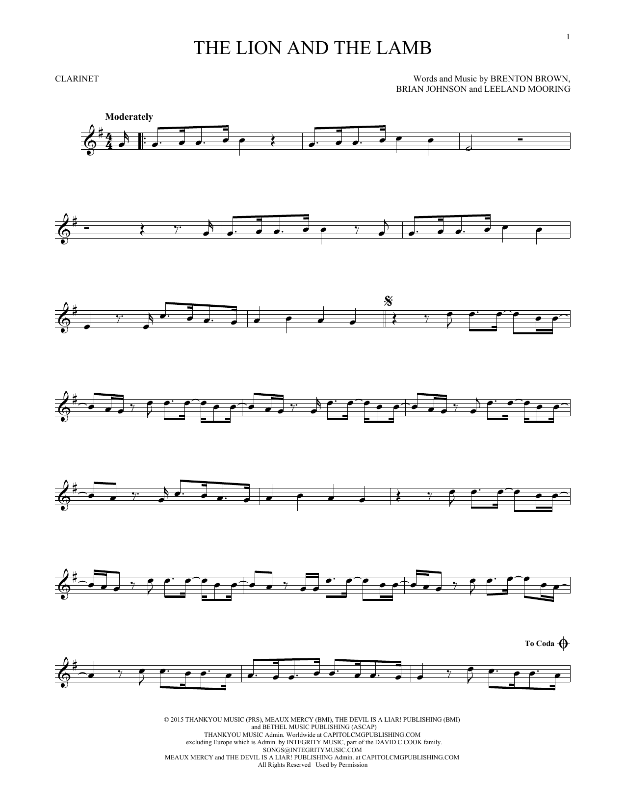 The Lion And The Lamb (Big Daddy Weave) | Sheet Music: Clarinet Solo ...