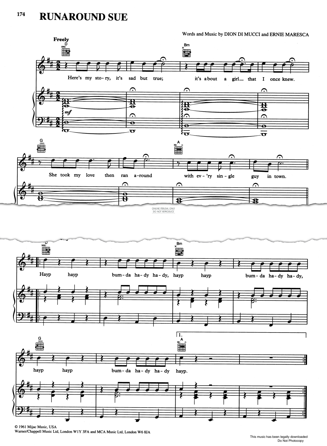 Runaround Sue (Dion) | Sheet Music: Guitar, Piano, Voice | PDF Download