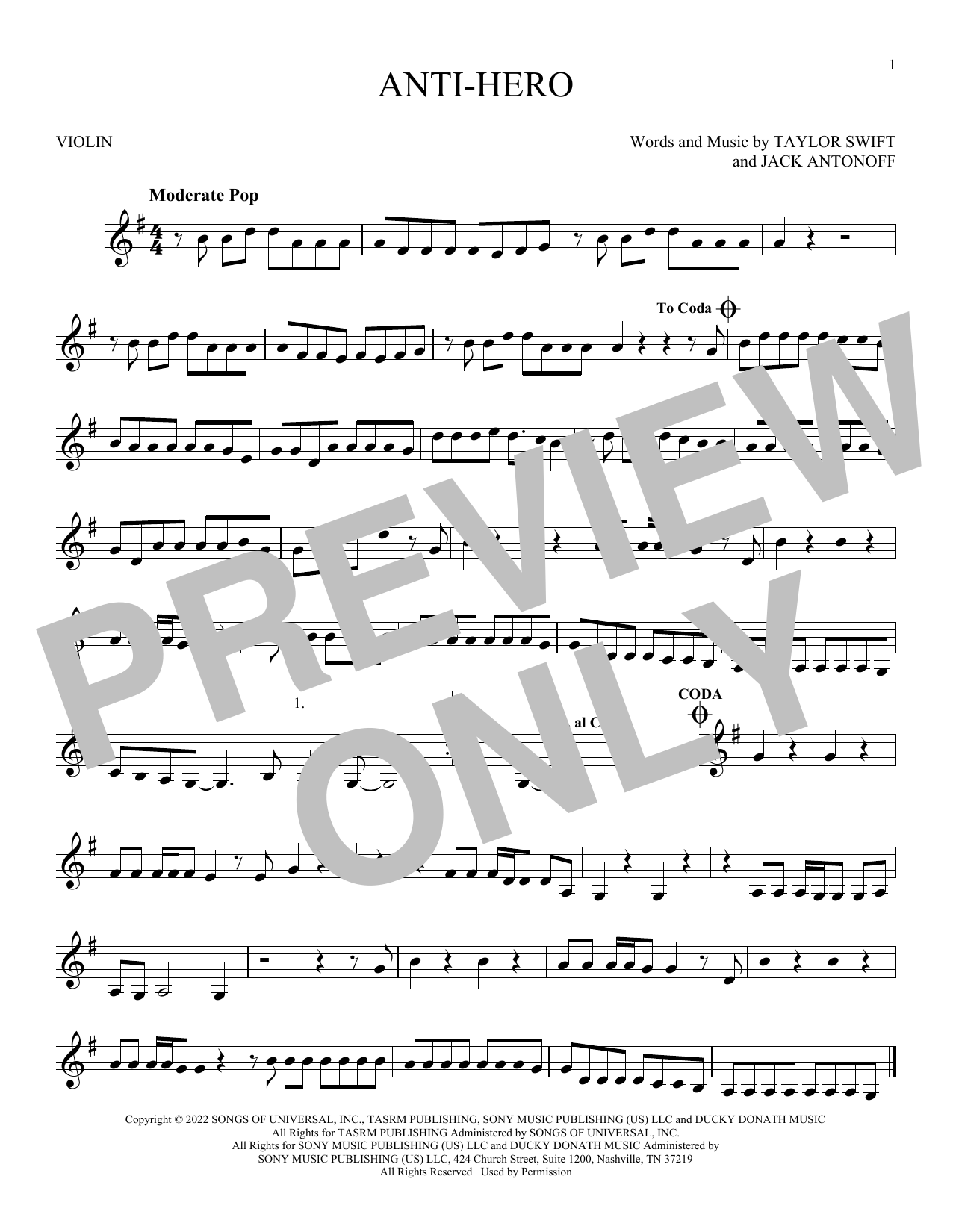 Anti-Hero (Taylor Swift) | Sheet Music: Violin Solo | PDF Download