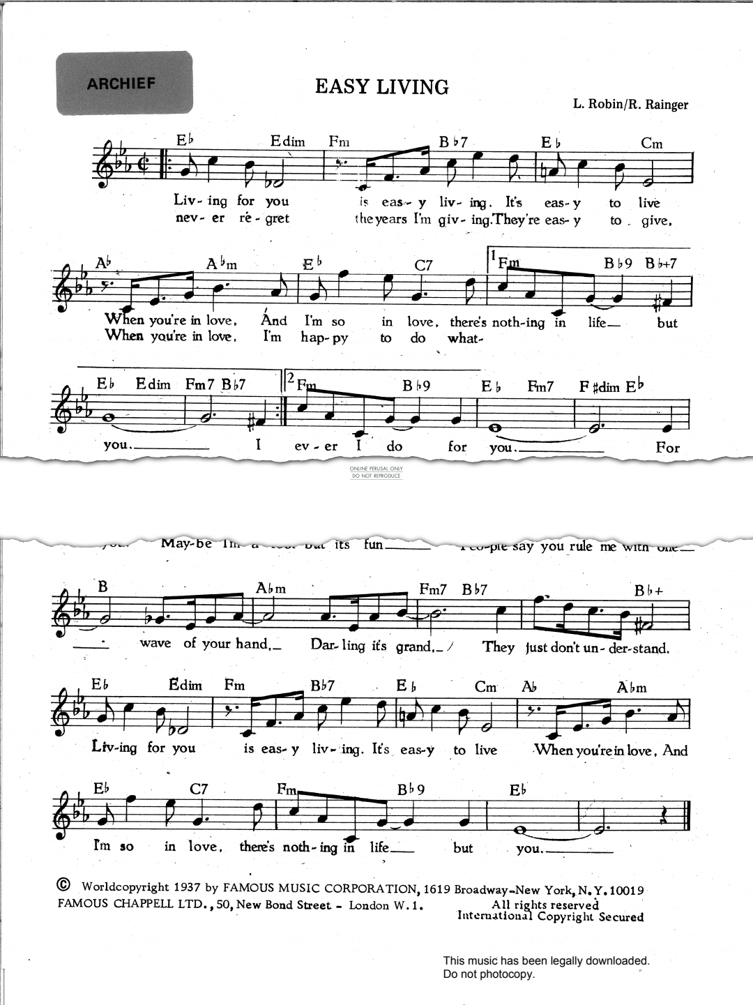 Easy Living (Ralph Rainger) | Sheet Music: Guitar, Voice | PDF Download