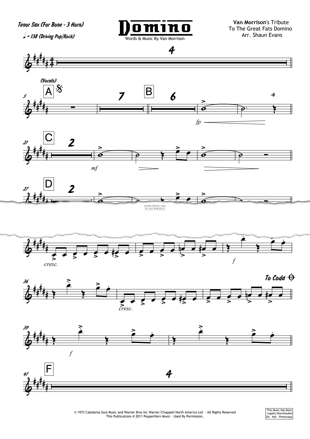 Domino (Van Morrison) | Sheet Music: Tenor Saxophone | PDF Download