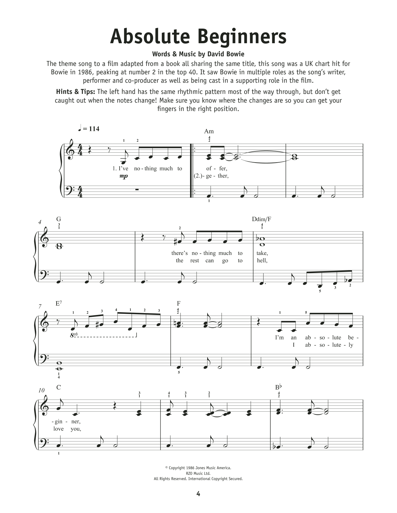 Absolute Beginners (David Bowie) | Noten: Wirklich einfaches Klavier ...
