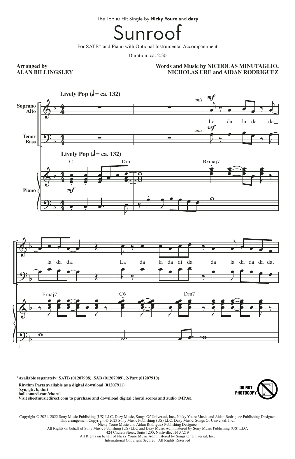 Sunroof (arr. Alan Billingsley) - sheet music by Nicky Youre & dazy ...