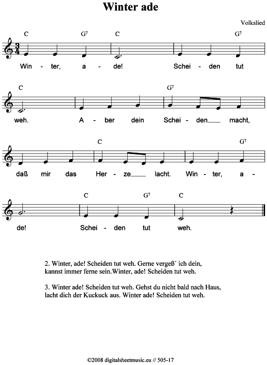 Winter ade - sheet music by Volkslied, Kinderlied, Blockflöte - 505-17 ...