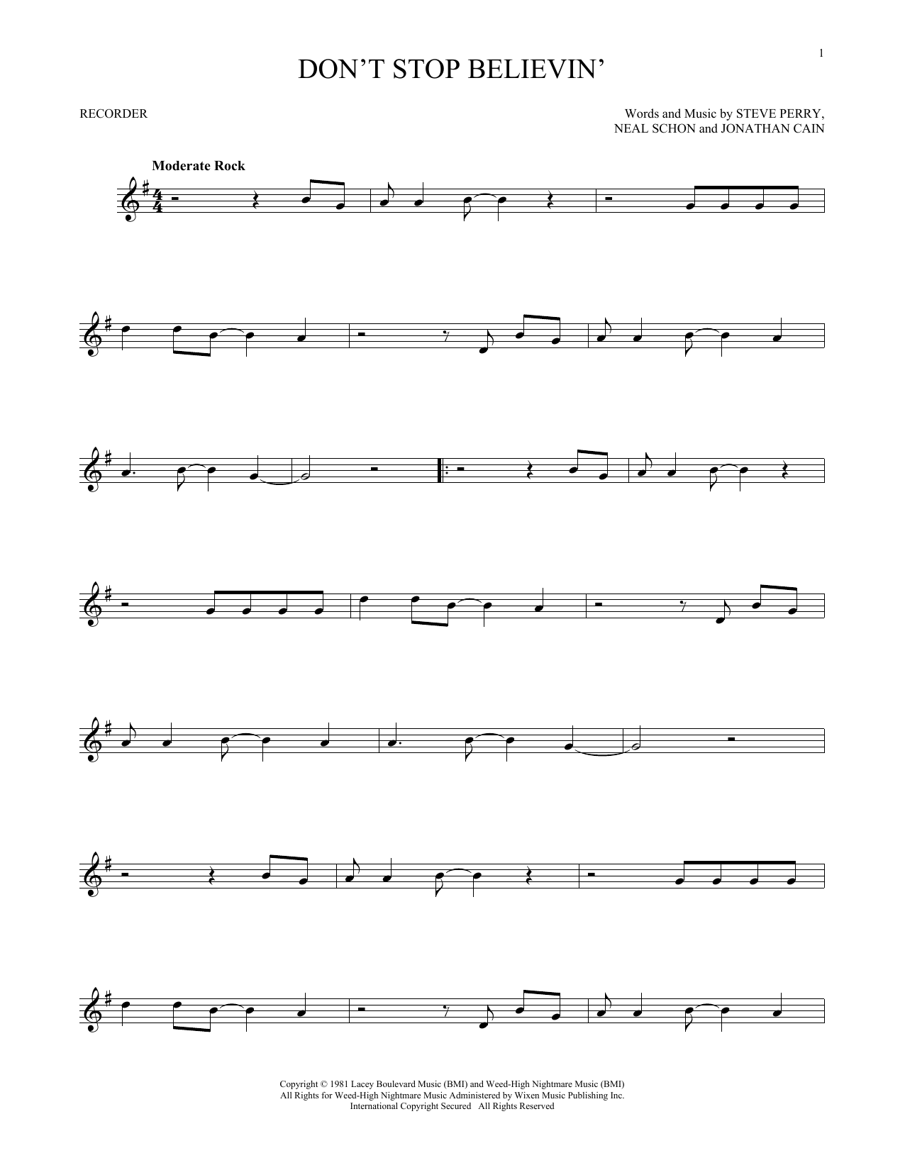 Don't Stop Believin' (Journey) | Sheet Music: Recorder Solo | PDF Download