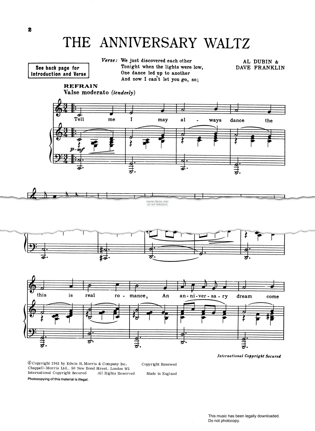 The Anniversary Waltz (Al Dubin) | Sheet Music: Piano, Voice | PDF Download