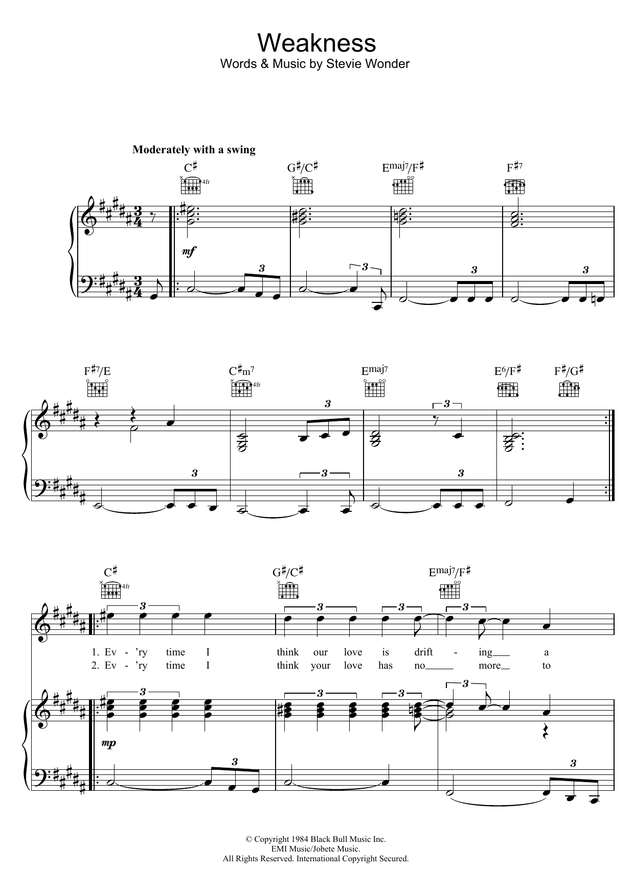 Weakness (Dionne Warwick) | Sheet Music: Piano, Vocal & Guitar Chords ...