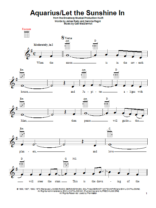Aquarius (The Fifth Dimension) | Sheet Music: Ukulele | PDF Download
