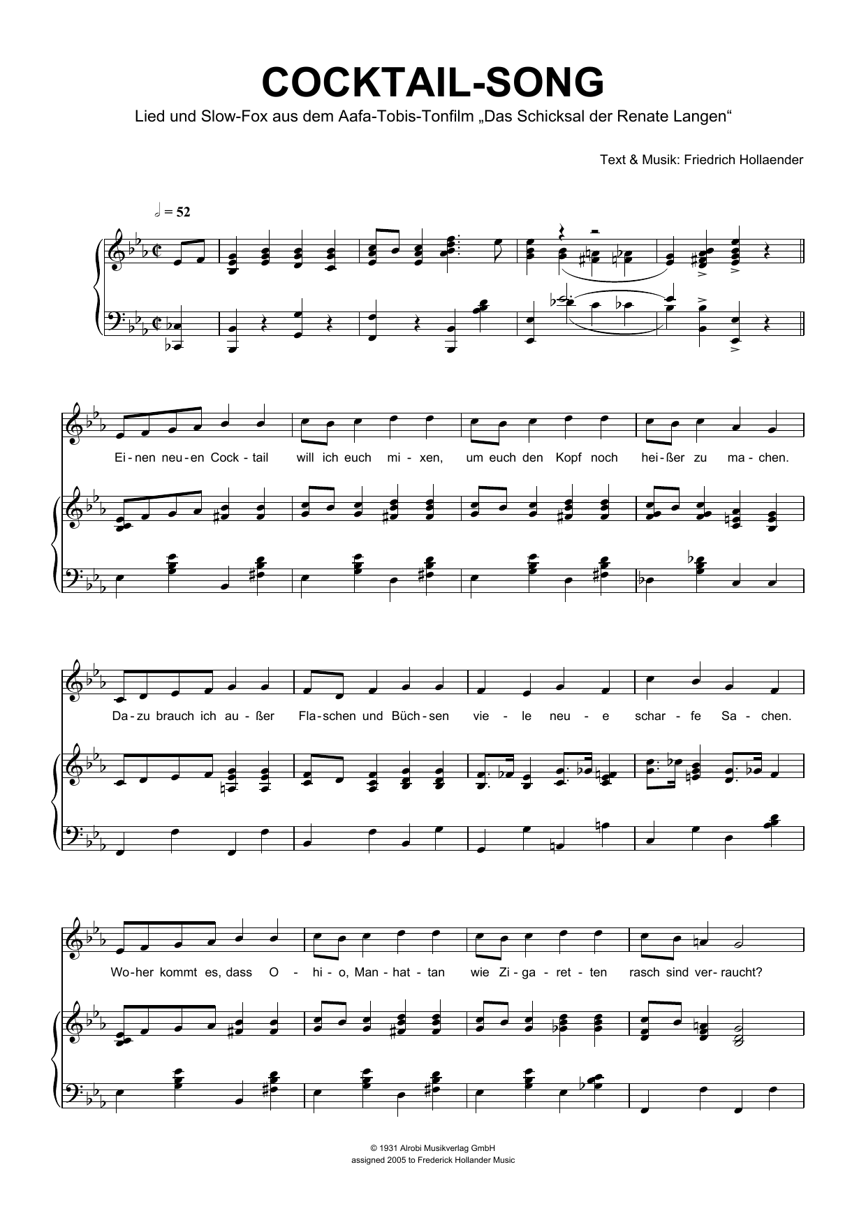 Cocktail-Song (Friedrich Hollaender) | Sheet Music: Piano & Vocal | PDF ...