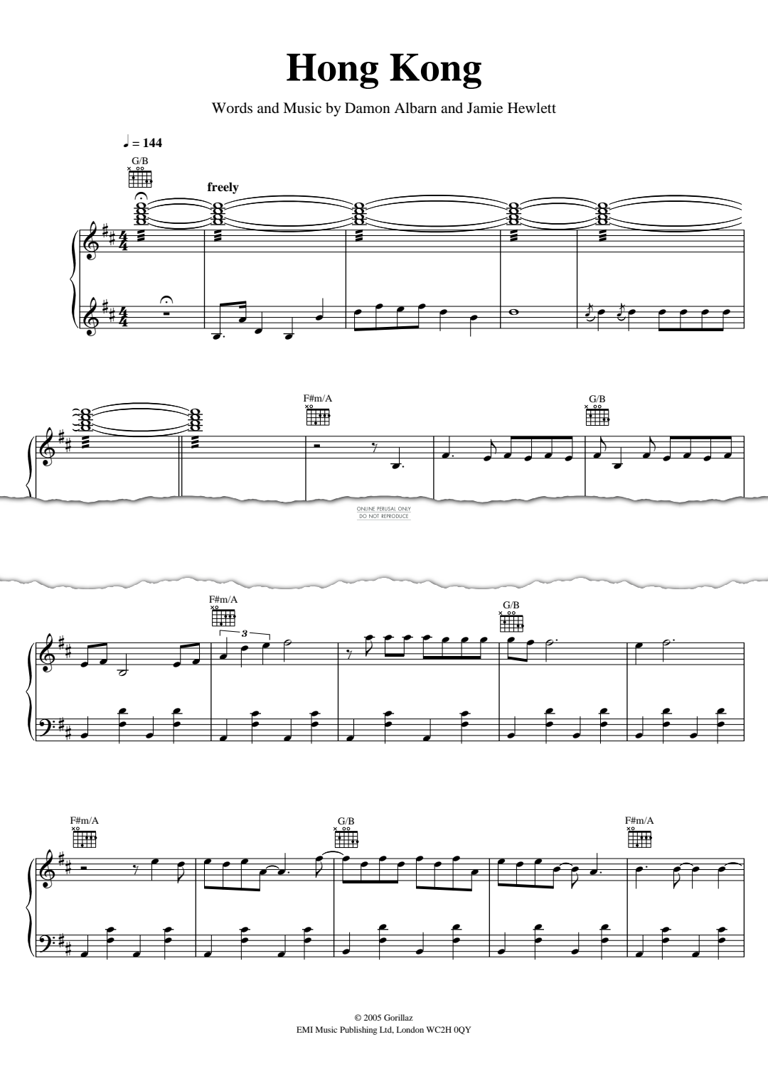 Hong Kong (Gorillaz) | Sheet Music: Guitar, Piano, Voice | PDF Download