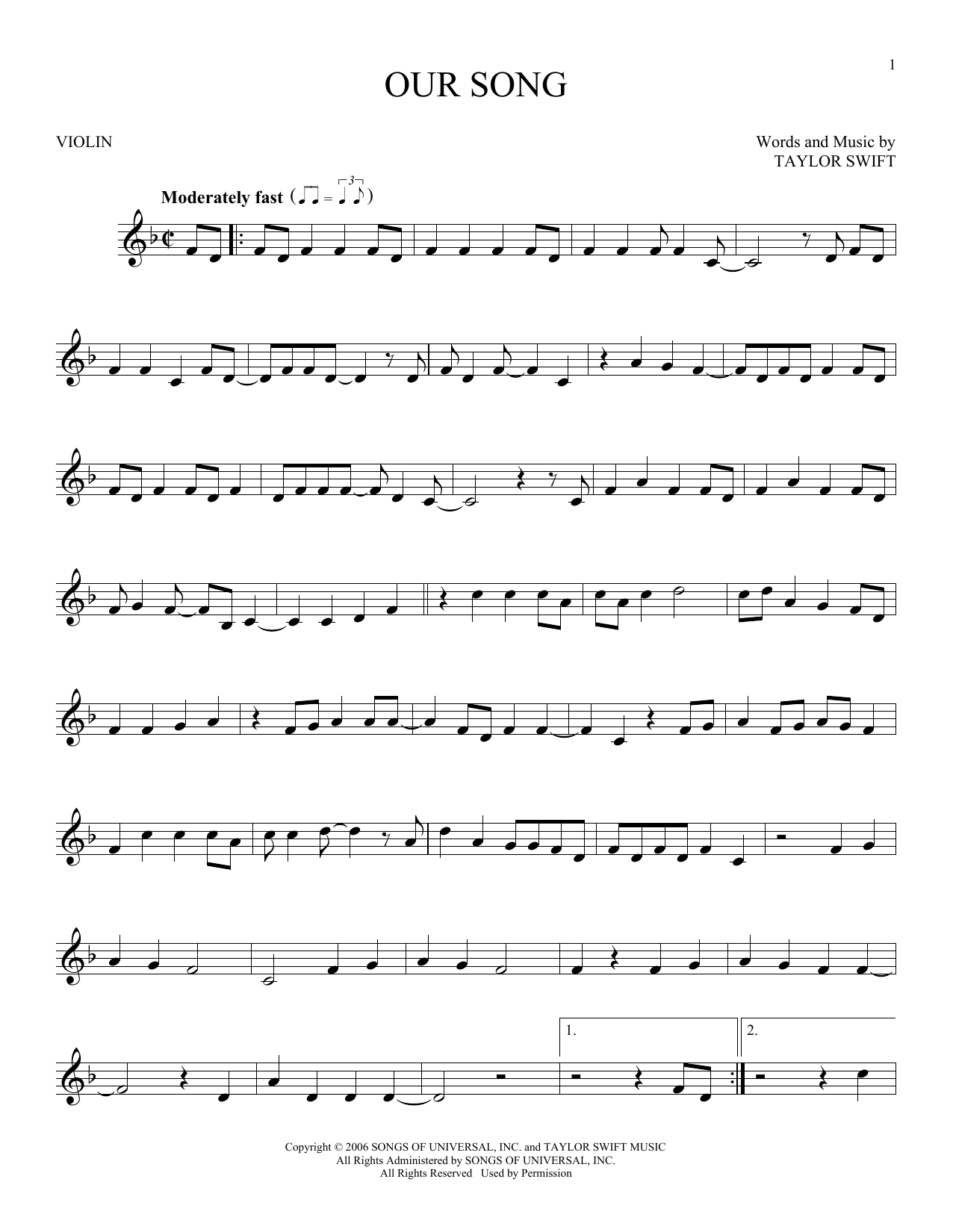 Our Song (Taylor Swift) | Sheet Music: Violin Solo | PDF Download