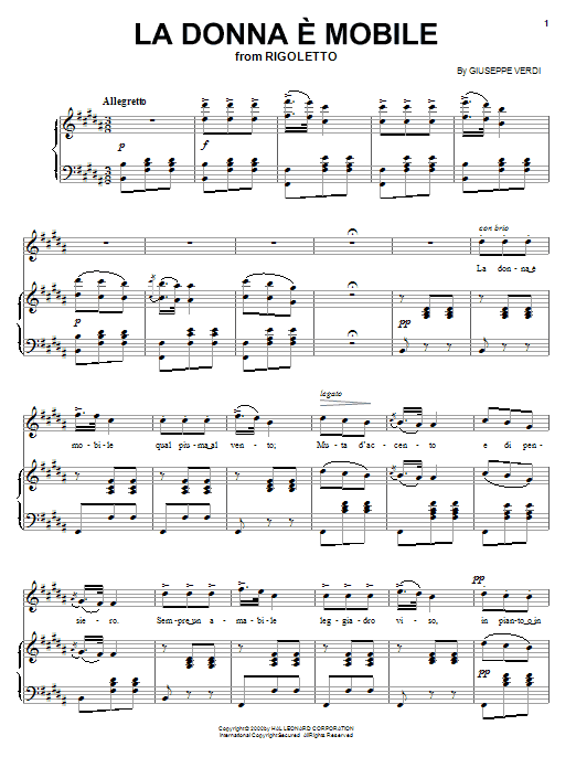 La Donna e Mobile (Giuseppe Verdi) | Noten: Klavier & Gesang | PDF Download