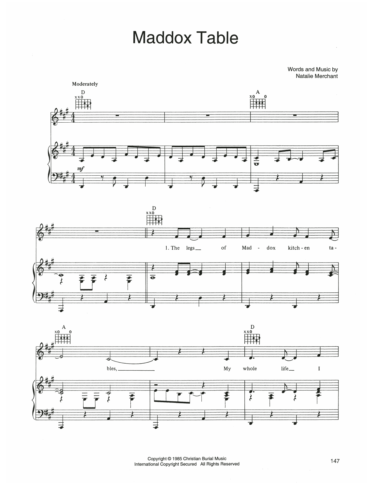Maddox Table (10,000 Maniacs) | Sheet Music: Piano, Vocal & Guitar Chords Right-Hand Melody ...