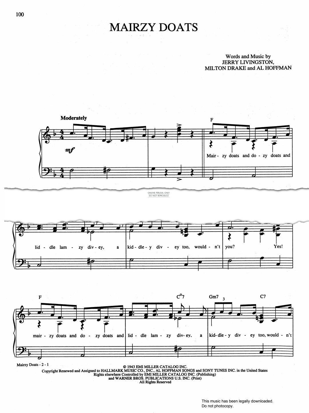 Mairzy Doats and Dozy Doats (Al Hoffman) | Sheet Music: Guitar, Piano ...
