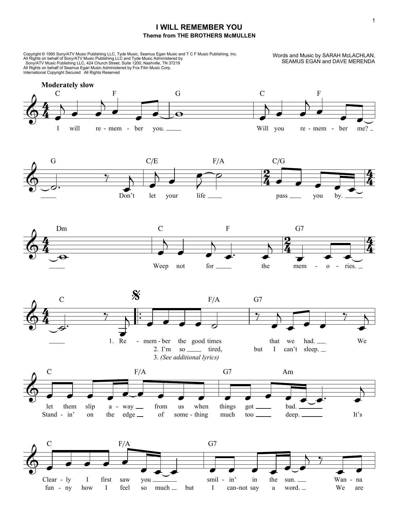 I Will Remember You (Sarah McLachlan) | Sheet Music: Easy Lead Sheet ...