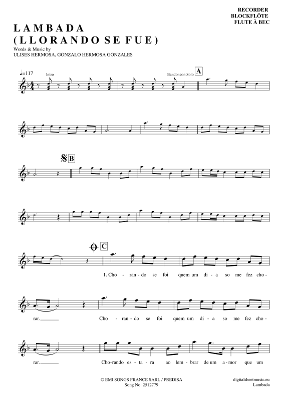 Llorando Se Fue - Noten von Kaoma - 7020676 | notendownload