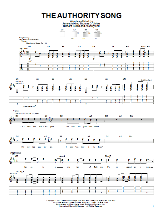 The Authority Song (Jimmy Eat World) | Sheet Music: Guitar Tab | PDF ...