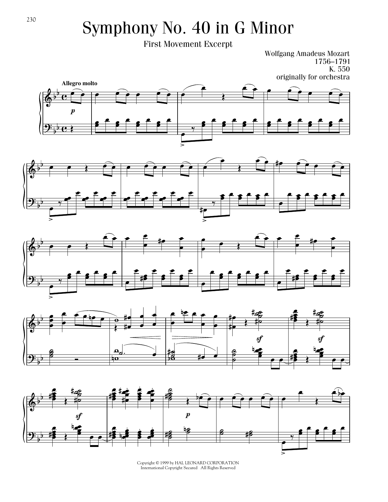 Symphony No. 40 In G Minor, First Movement Excerpt - sheet music by ...