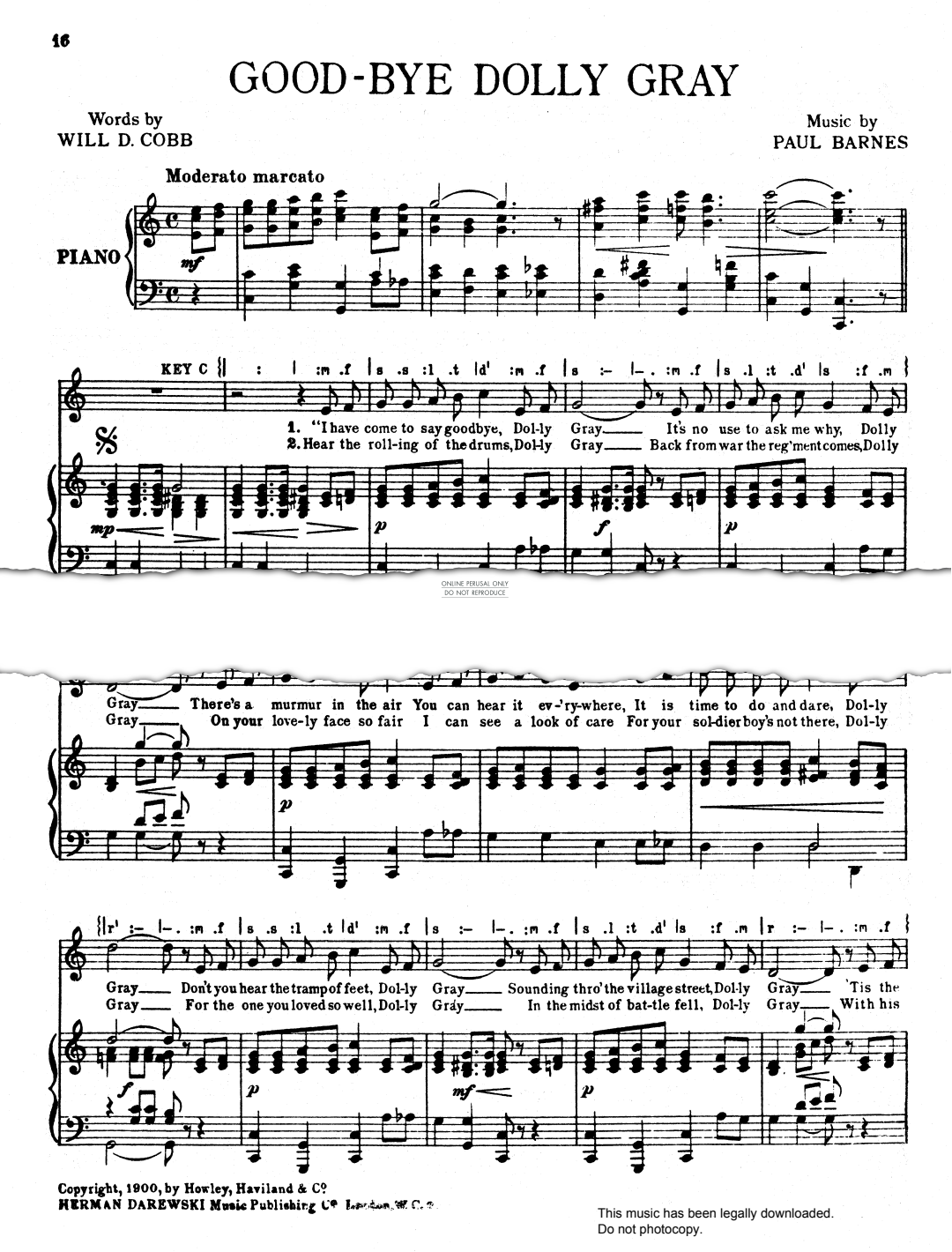 Goodbye Dolly Gray (Paul Barnes) | Sheet Music: Piano, Voice | PDF Download
