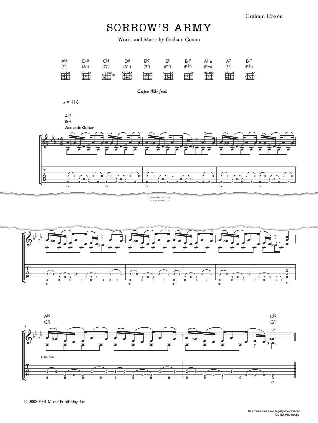 Sorrow's Army - sheet music by Graham Coxon - fbd-6358 | notendownload
