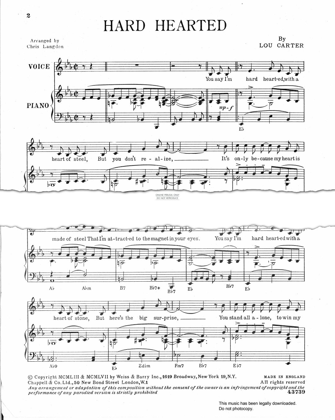 Hard Hearted (Lou Carter) | Sheet Music: Guitar, Piano, Voice | PDF ...