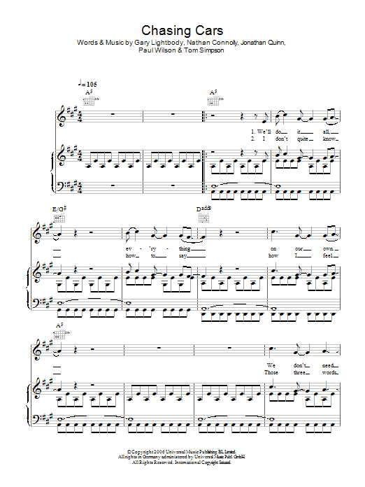 Chasing Cars (Snow Patrol) | Sheet Music: Piano, Vocal & Guitar Chords ...