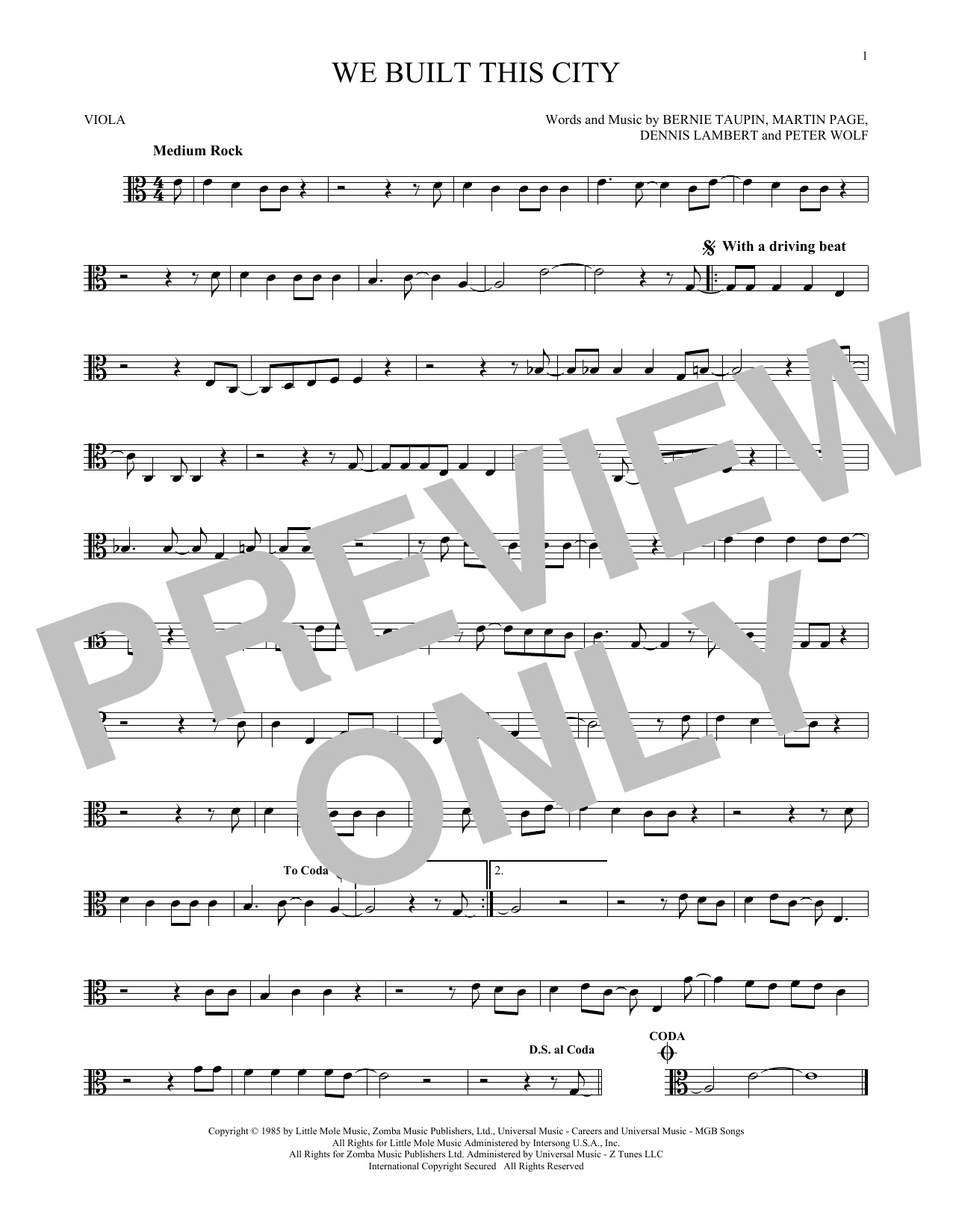 We Built This City (Starship) | Sheet Music: Viola Solo | PDF Download