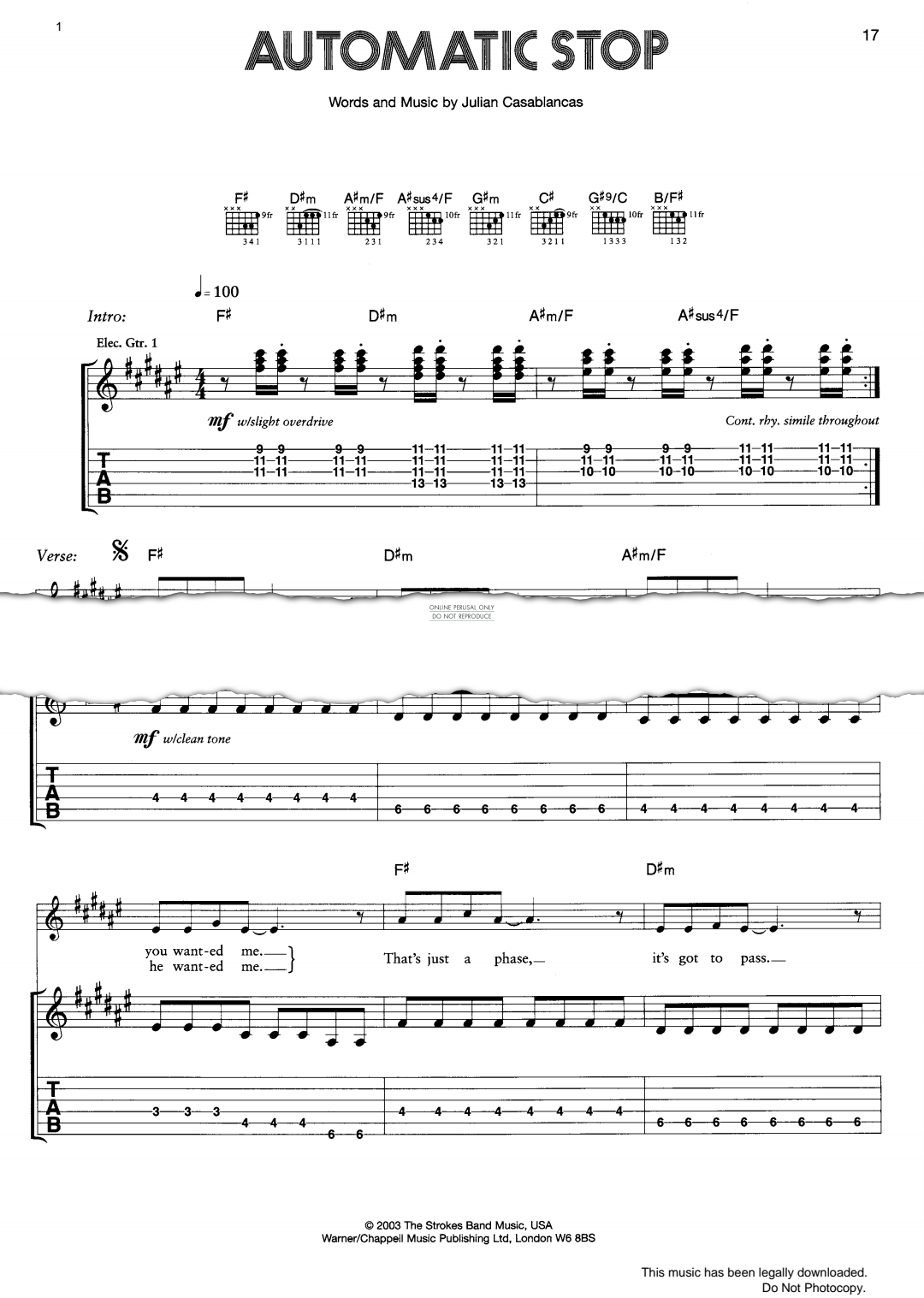 Automatic Stop (The Strokes) | Noten: Gitarre, Gesang | PDF Download