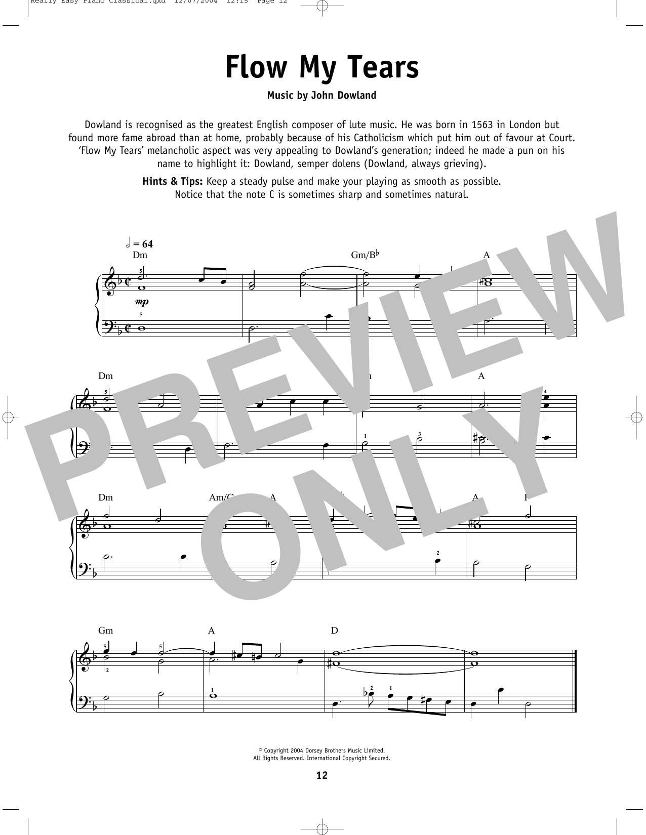 Flow My Tears (John Dowland) | Noten: Wirklich einfaches Klavier | PDF Download