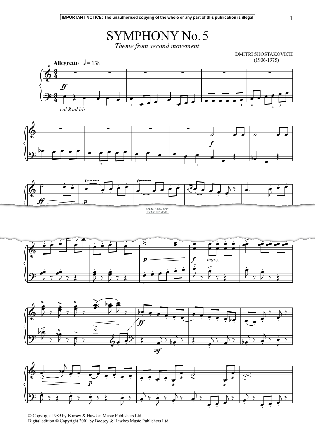 Theme from 2nd Movement, Symphony No. 5 - Noten von Dmitri Shostakovich - fbd-8964 | notendownload