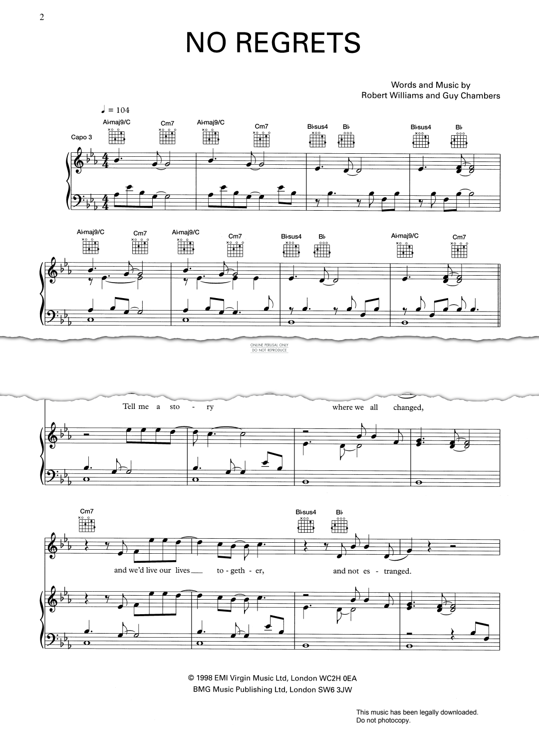 No Regrets - sheet music by Robbie Williams - fbd-28303 | notendownload