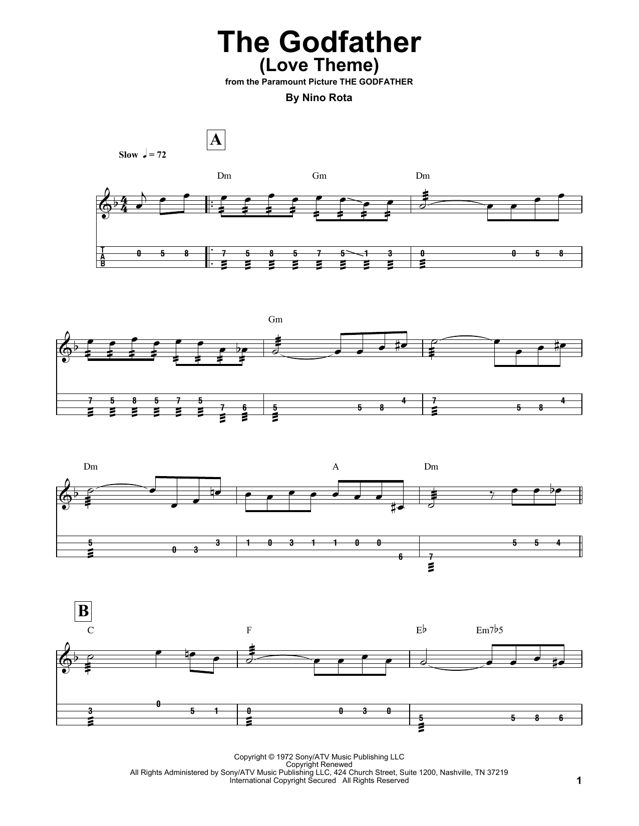 The Godfather Love Theme Nino Rota Sheet Music Mandolin Tab