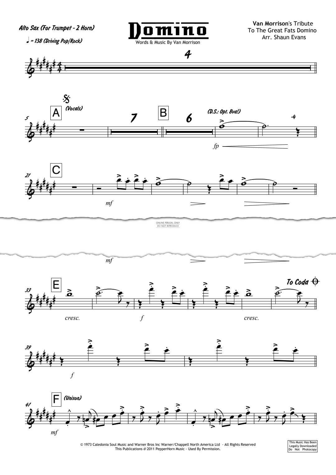Domino (Van Morrison) | Sheet Music: Alto Saxophone | PDF Download