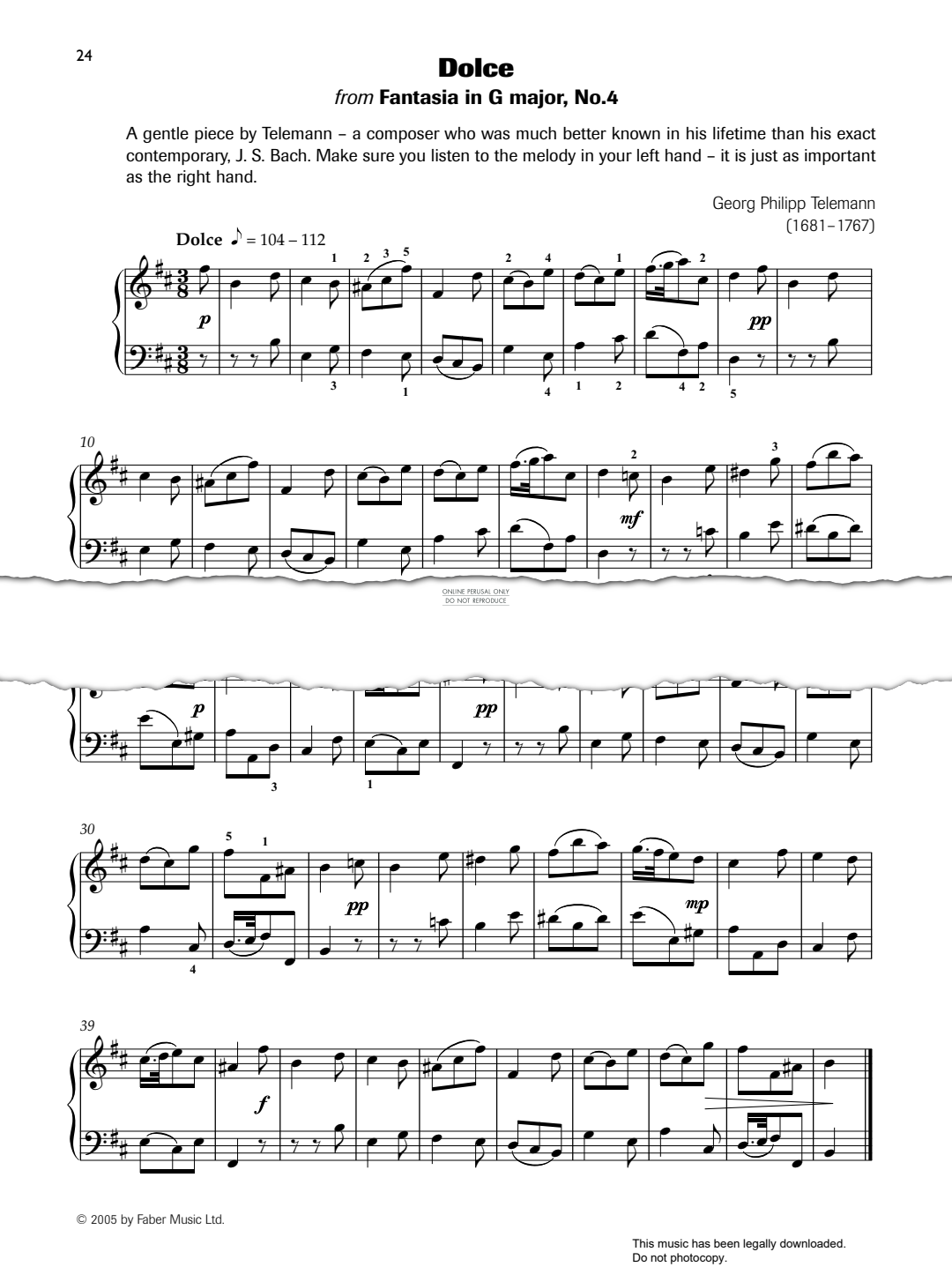 Dolce (from Fantasia in G Major, No.4) (Georg Philipp Telemann) | Sheet ...