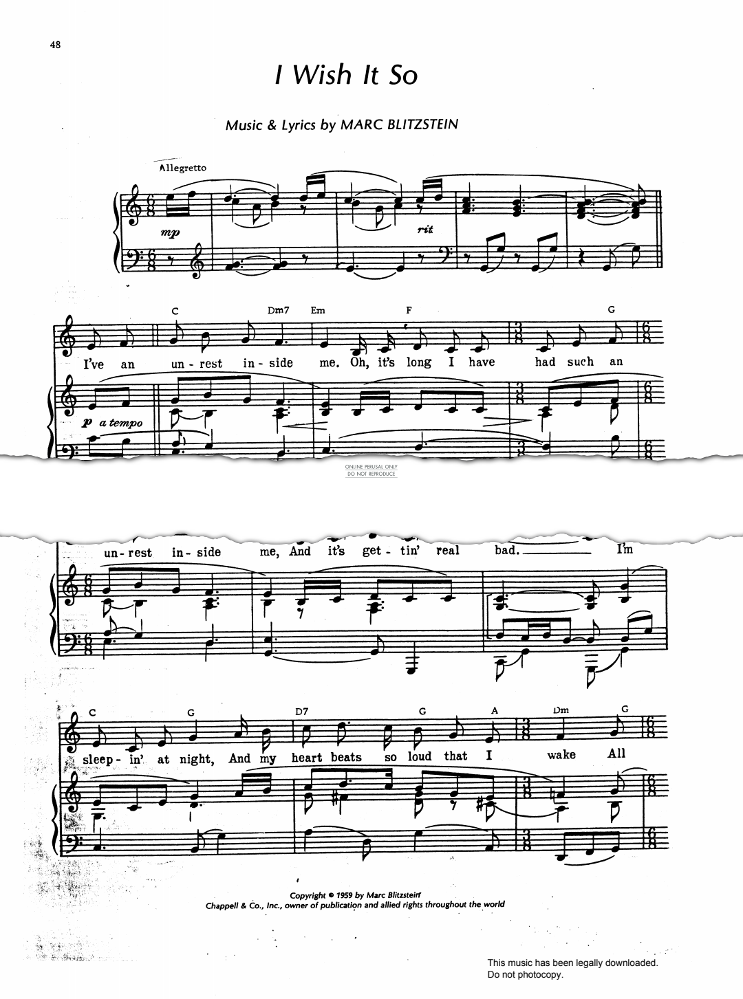 I Wish It So (Marc Blitzstein) | Sheet Music: Guitar, Piano, Voice ...