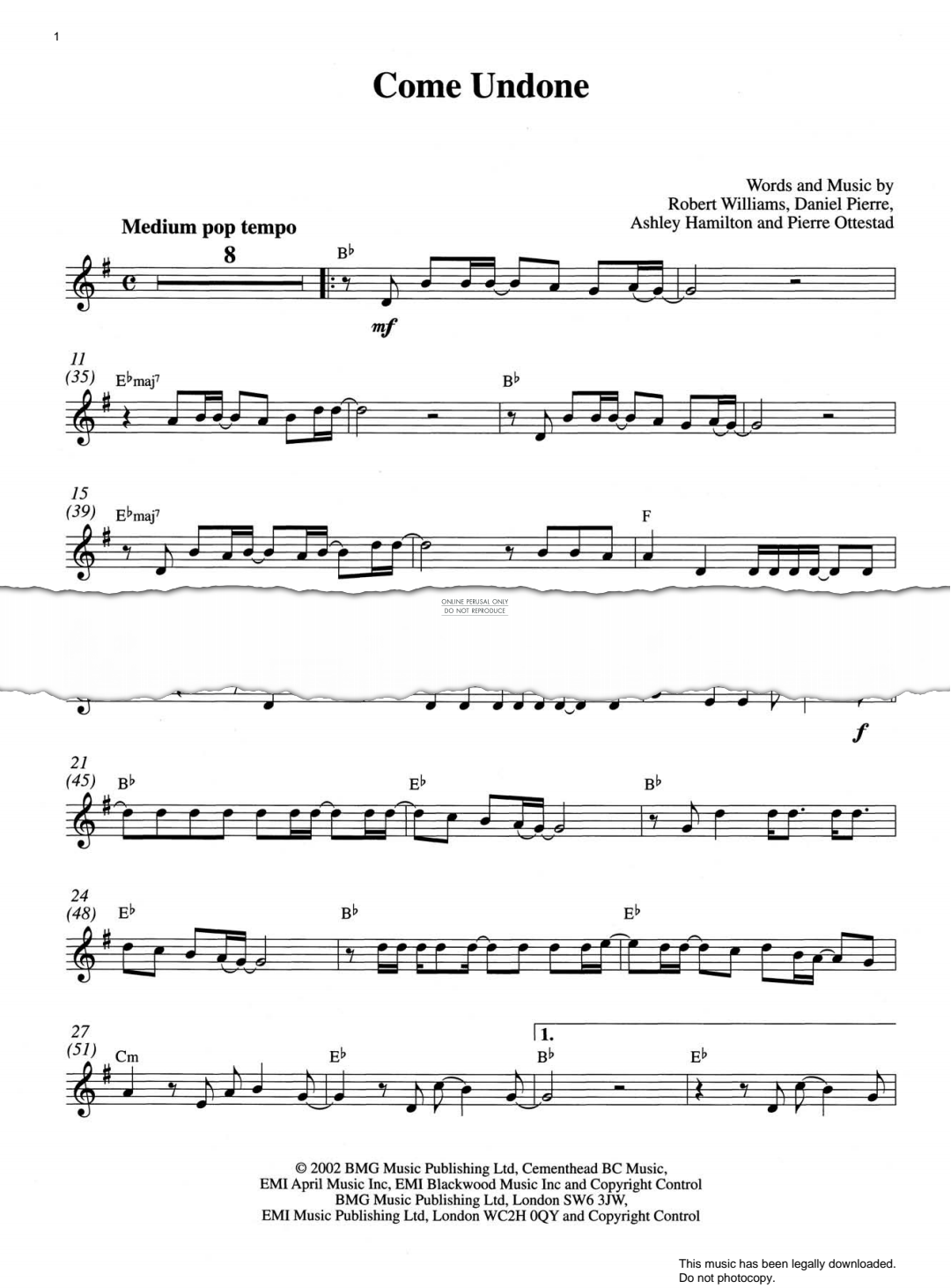 Come Undone (Robbie Williams) | Sheet Music: Alto Saxophone | PDF Download