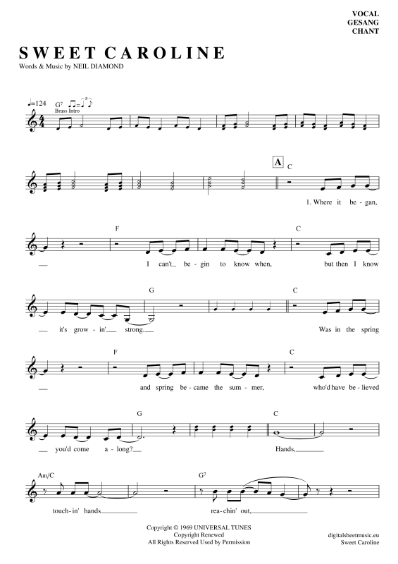 Sweet Caroline (Neil Diamond) | Sheet Music: vocals | PDF Download
