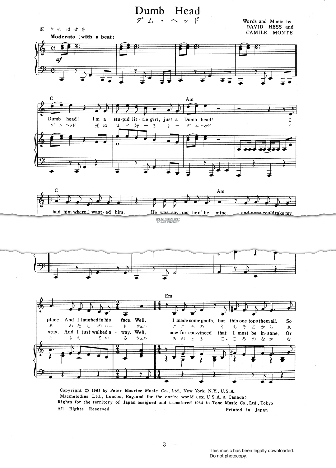 Dumb Head (David Hess) | Sheet Music: Guitar, Piano, Voice | PDF Download
