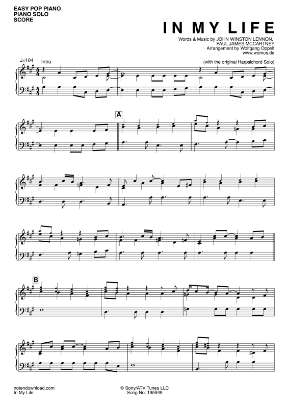 In My Life (The Beatles) | Noten: Klavier einfach | PDF Download