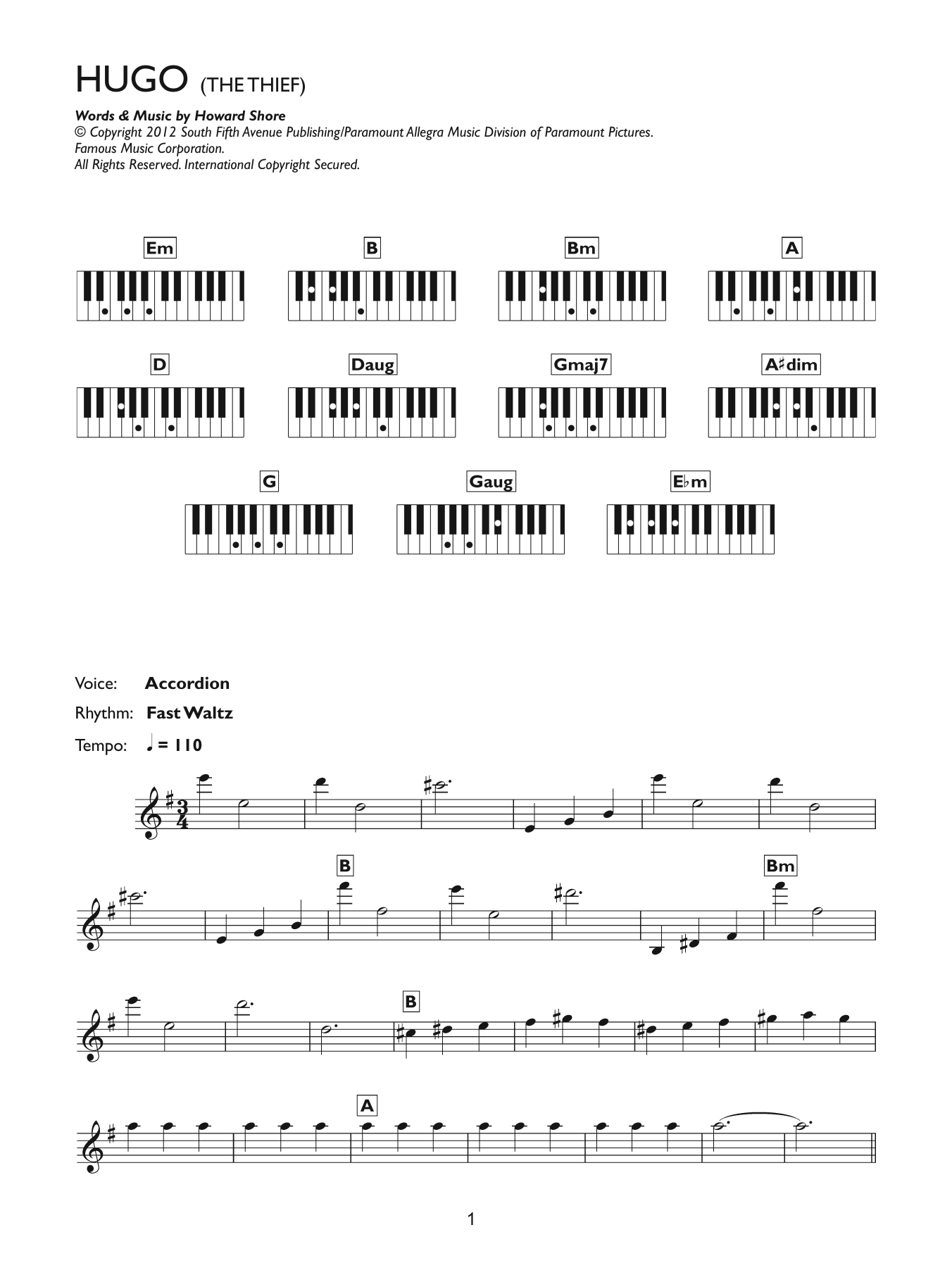 The Thief (from Hugo) (Howard Shore) | Sheet Music: Piano Chords/Lyrics ...