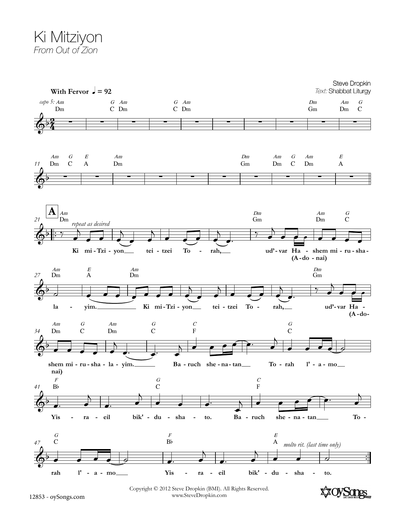 Ki Mitziyon (Steve Dropkin) | Sheet Music: Lead Sheet / Fake Book | PDF ...