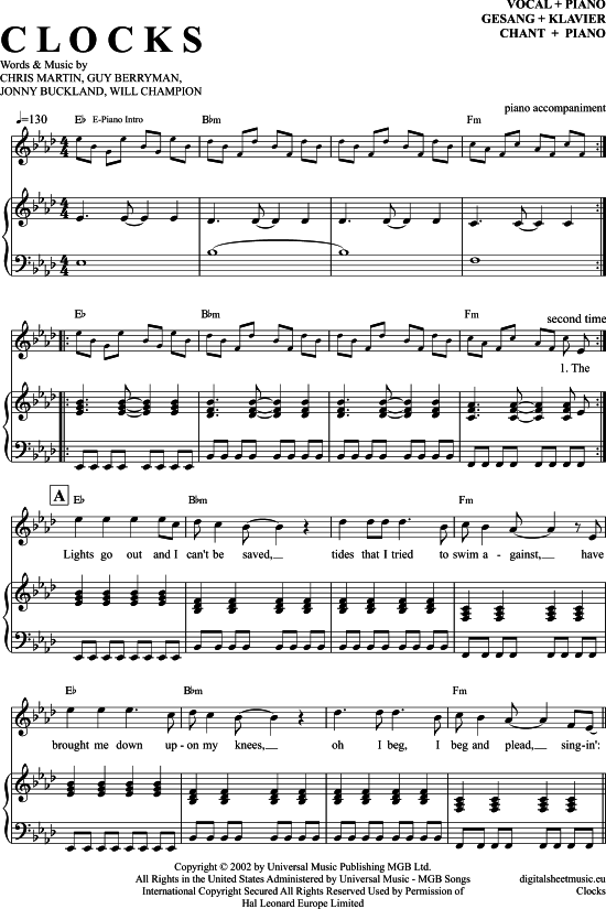 Clocks - sheet music by Coldplay - 7071000 | notendownload