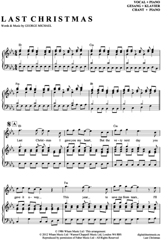Last Christmas (Wham!) | Noten: Klavier und Gesang | PDF Download