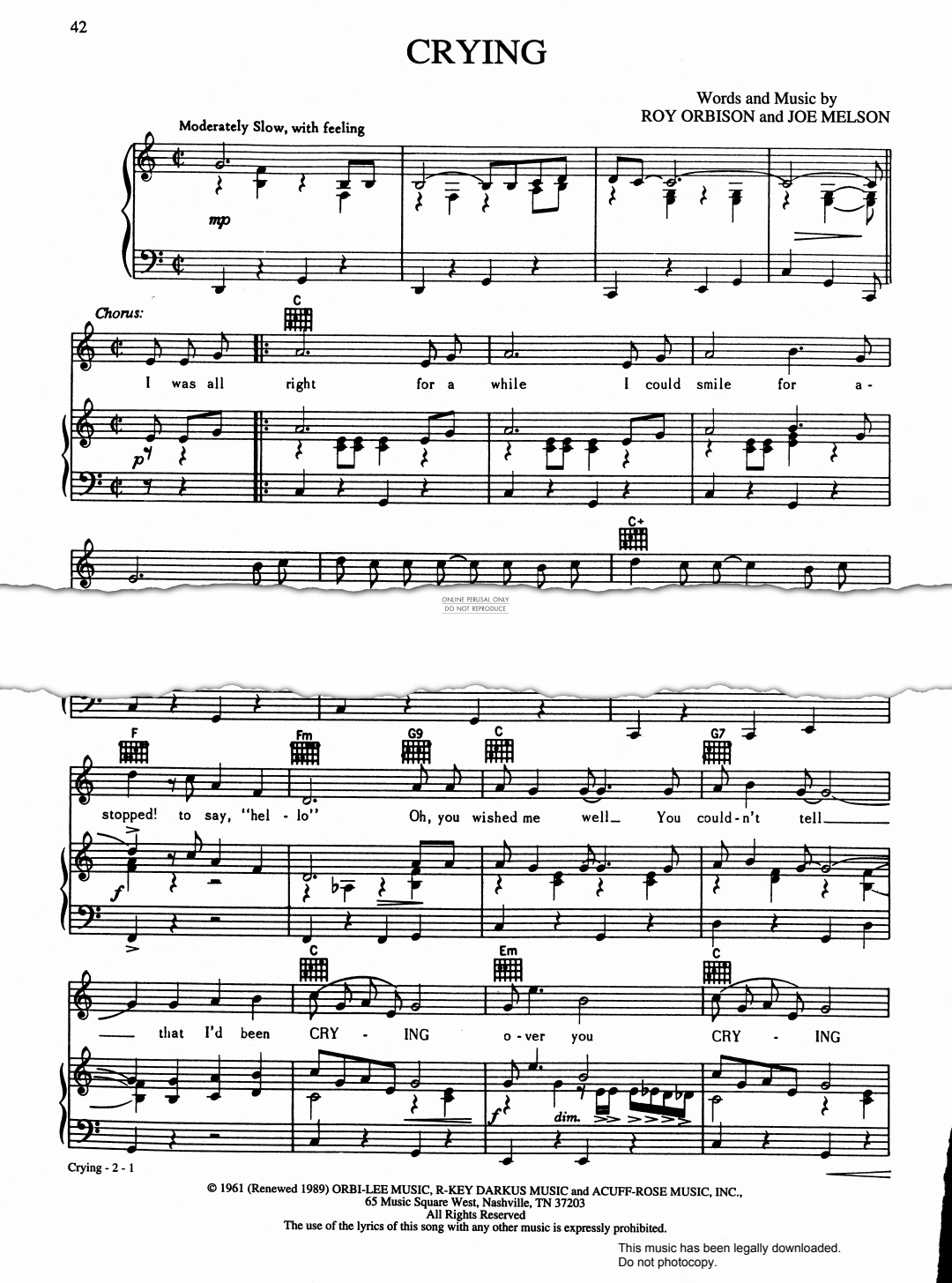 Crying (Roy Orbison) | Sheet Music: Guitar, Piano, Voice | PDF Download