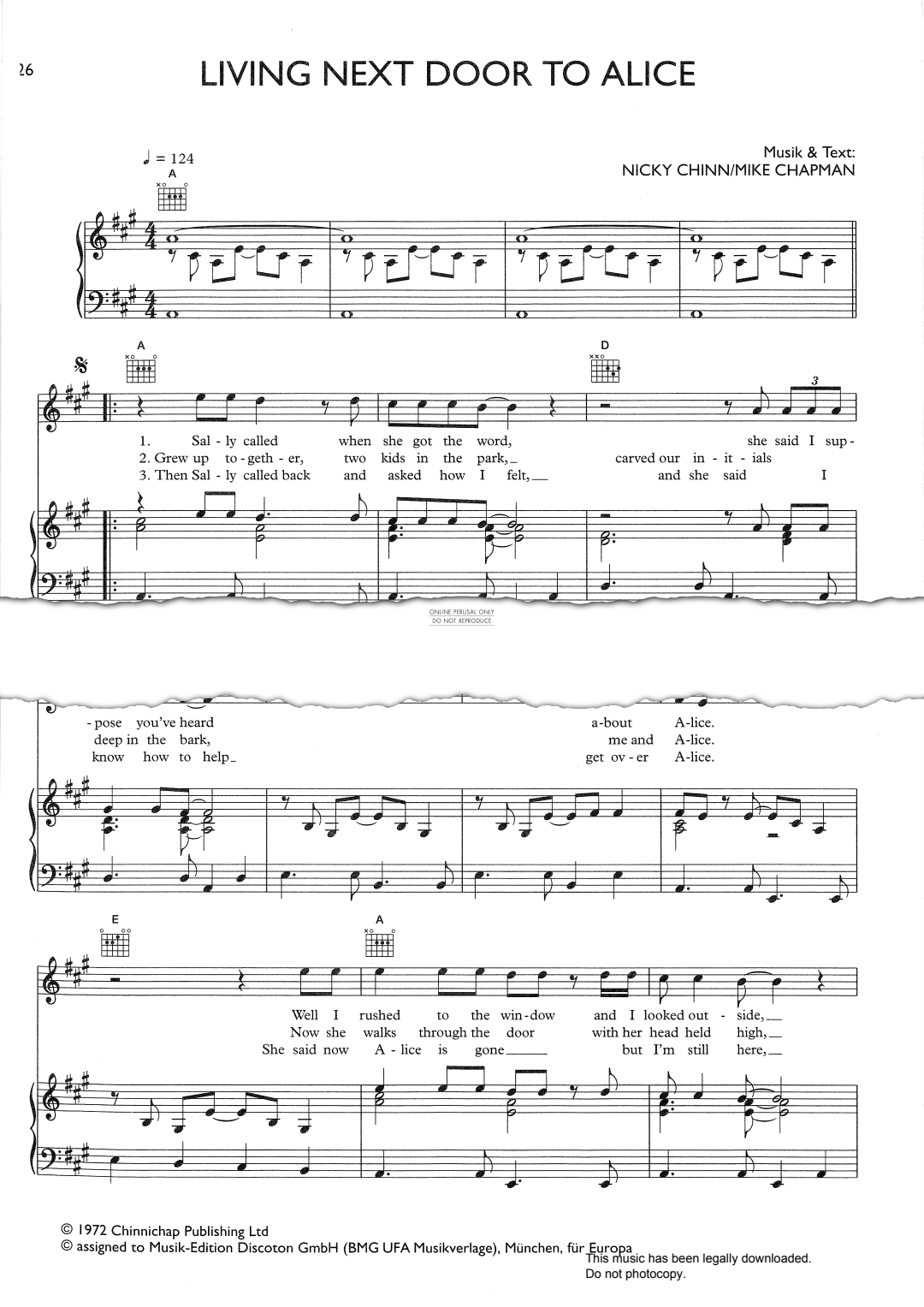 Living Next Door To Alice (Smokie) | Sheet Music: Guitar, Piano, Voice ...