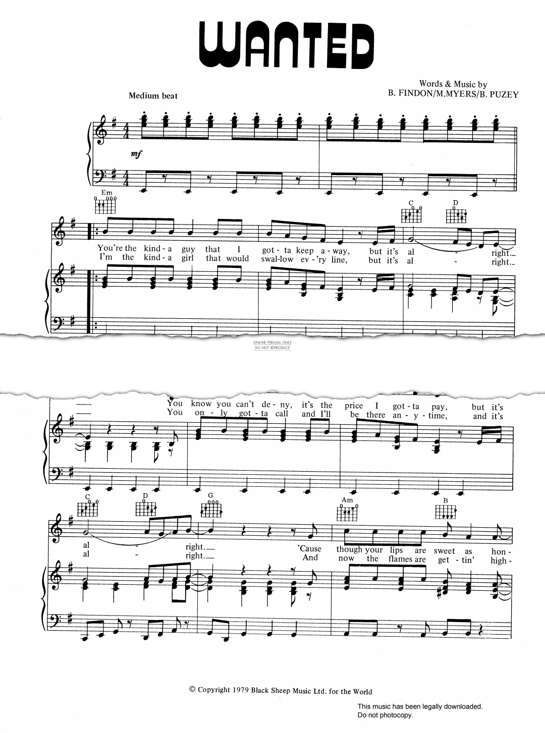 Wanted (The Dooleys) | Sheet Music: Guitar, Piano, Voice | PDF Download